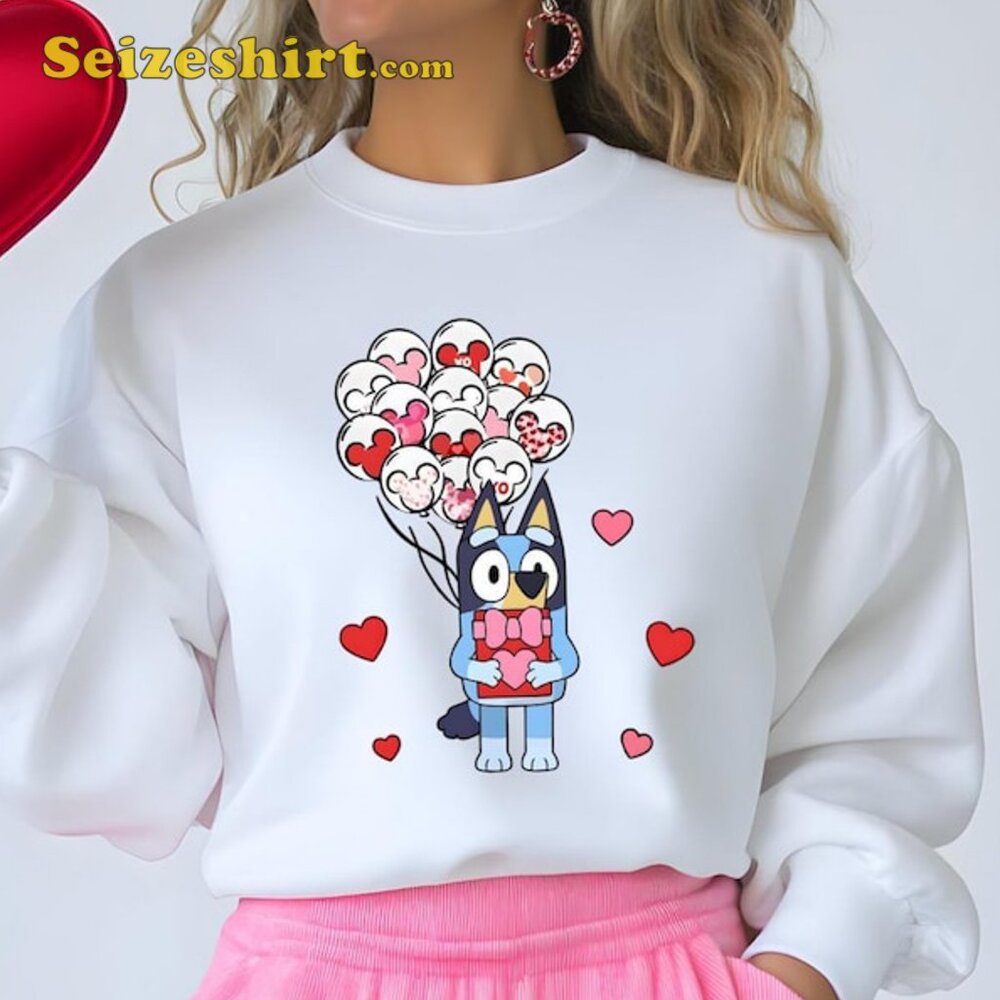 Bluey With Heart Balloons For Valentine's Day Sweatsh… - Gem